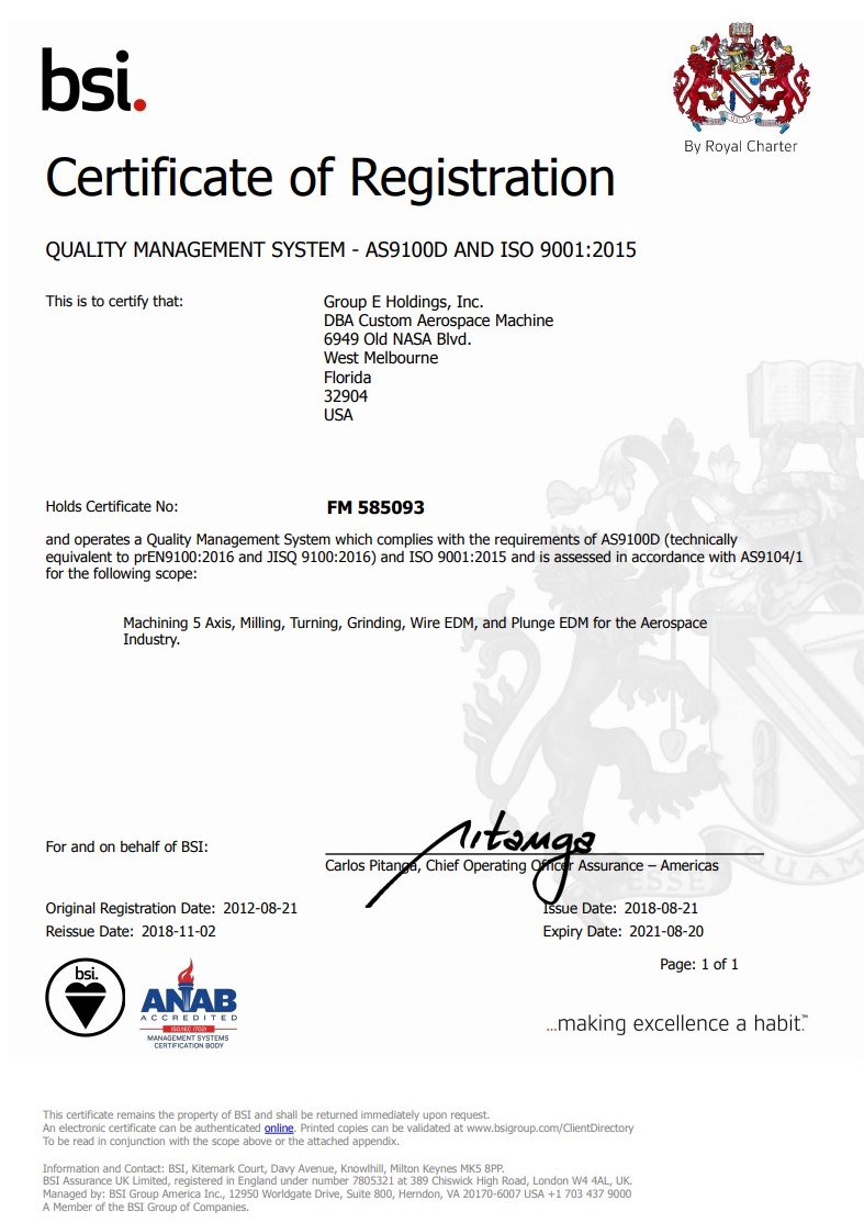 BSI: AS9100 Certificate - Custom Aerospace | Complex Manufacturing ...